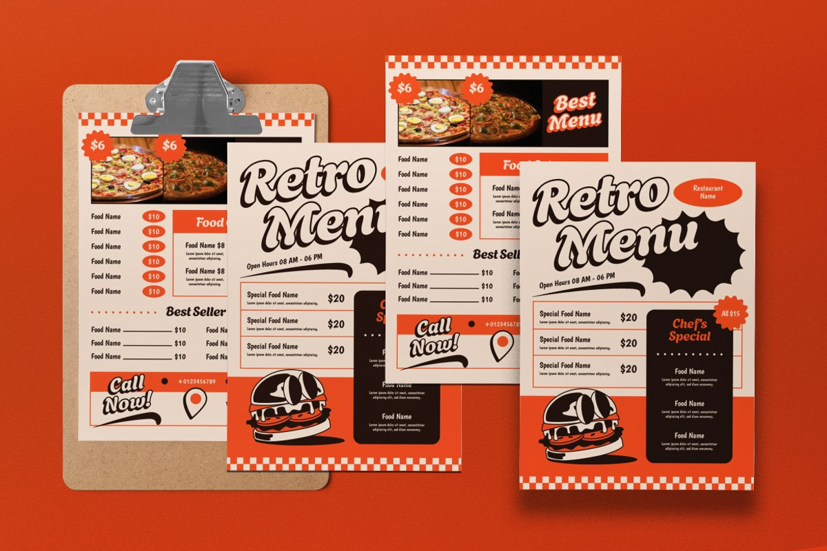 Orange Retro 1970s Food Menu, a Flyer Template by graphicook