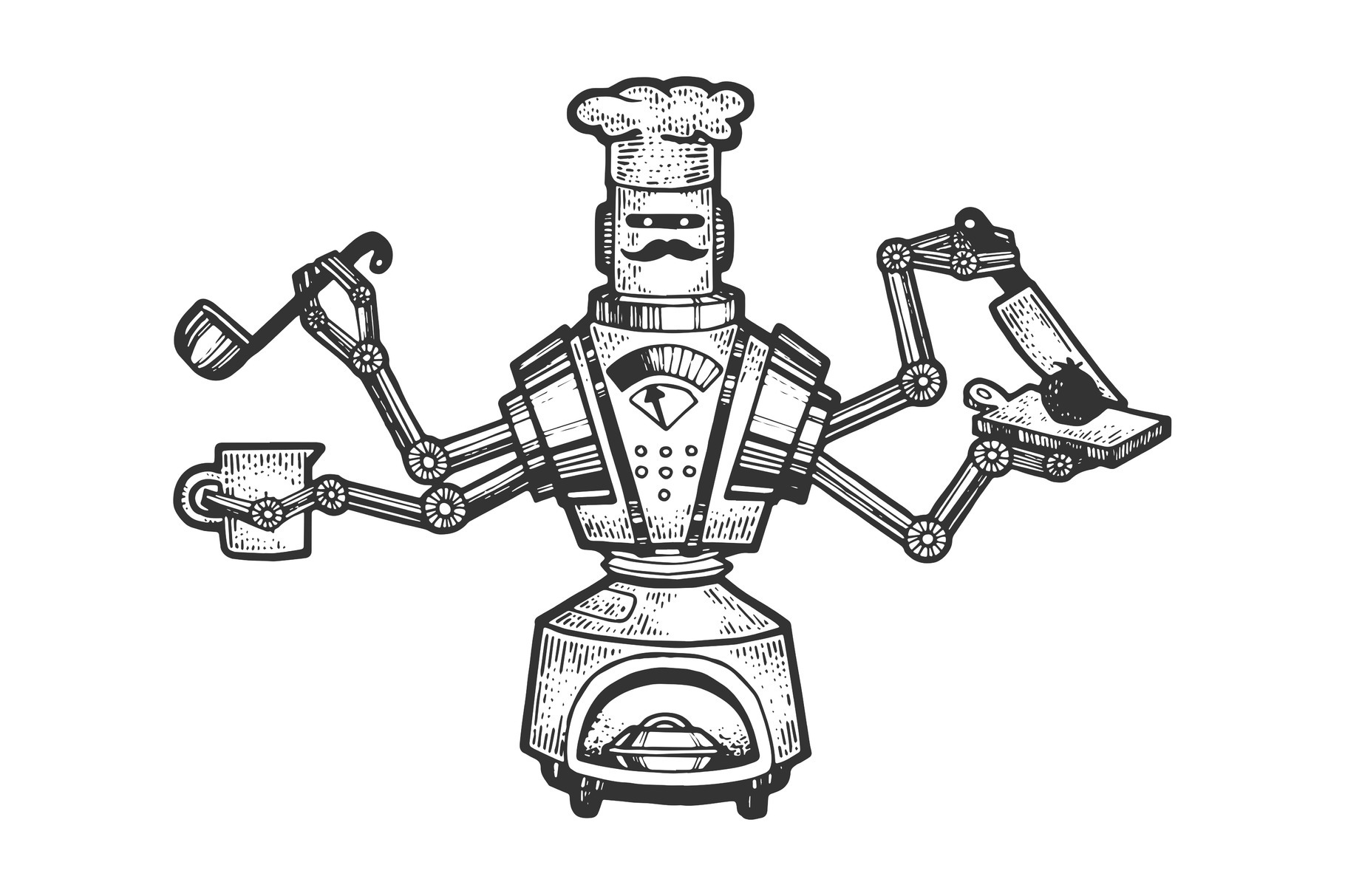 Robot Cook Chef sketch engraving, a Food Illustration by AlexArt