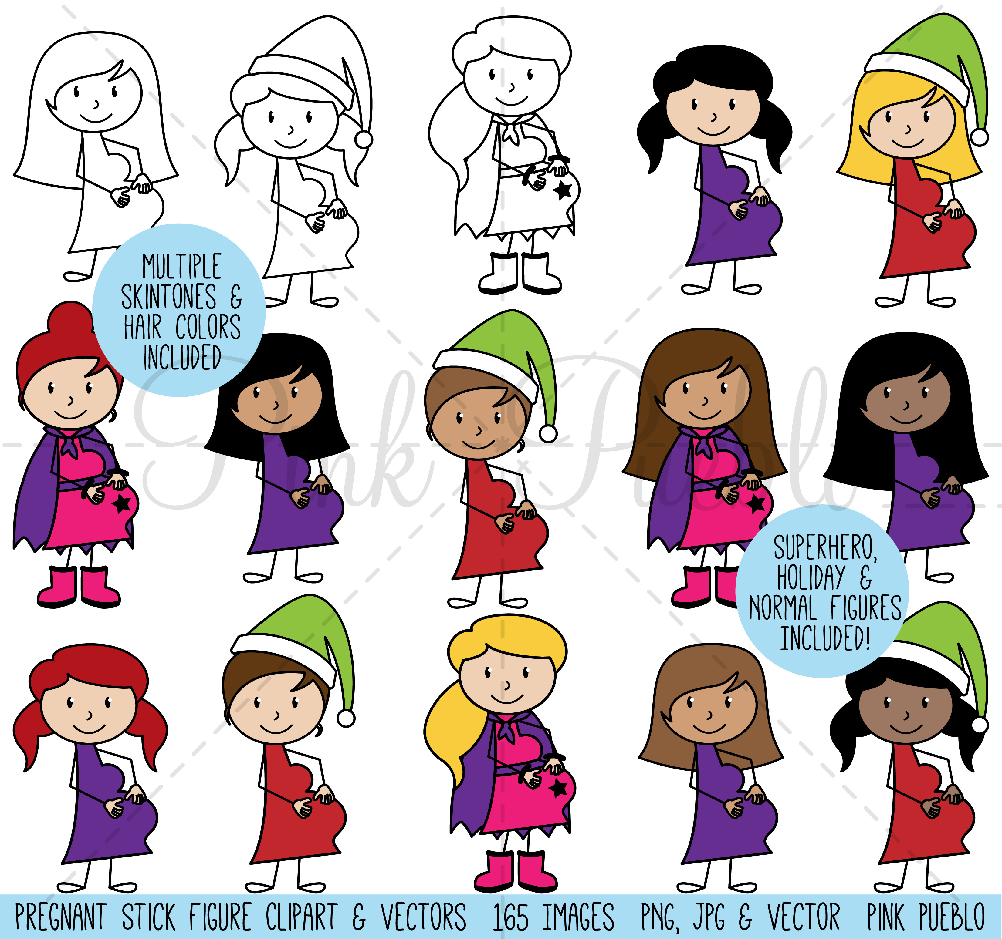 Pregnant Stick Figure Clipart Pack, an Illustration by PinkPueblo