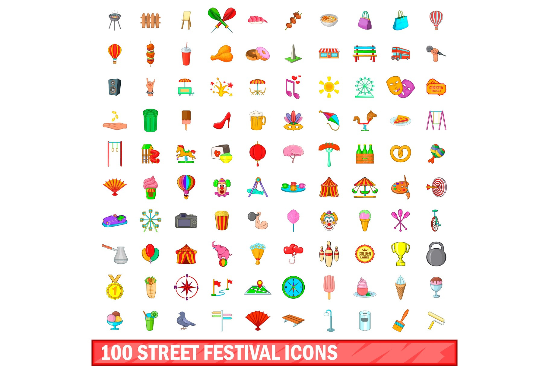 100 street festival icons set, an Object Graphic by Ylivdesign