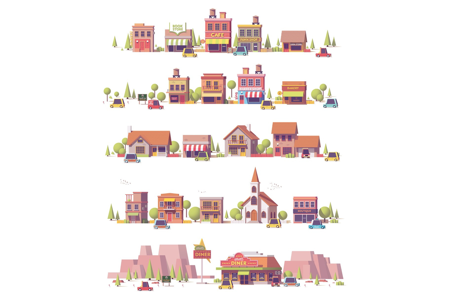 Vector low poly 2d small town scenes | Illustrations ~ Creative Market
