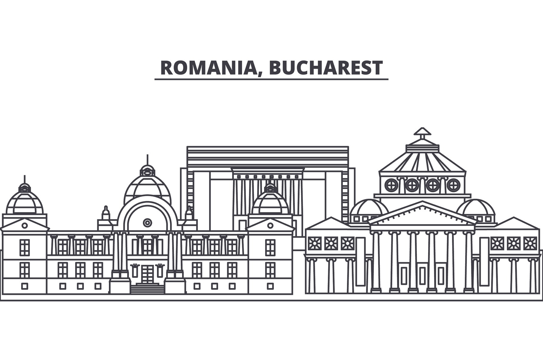 Romania, Bucharest line skyline vector illustration. Romania, Bucharest ...