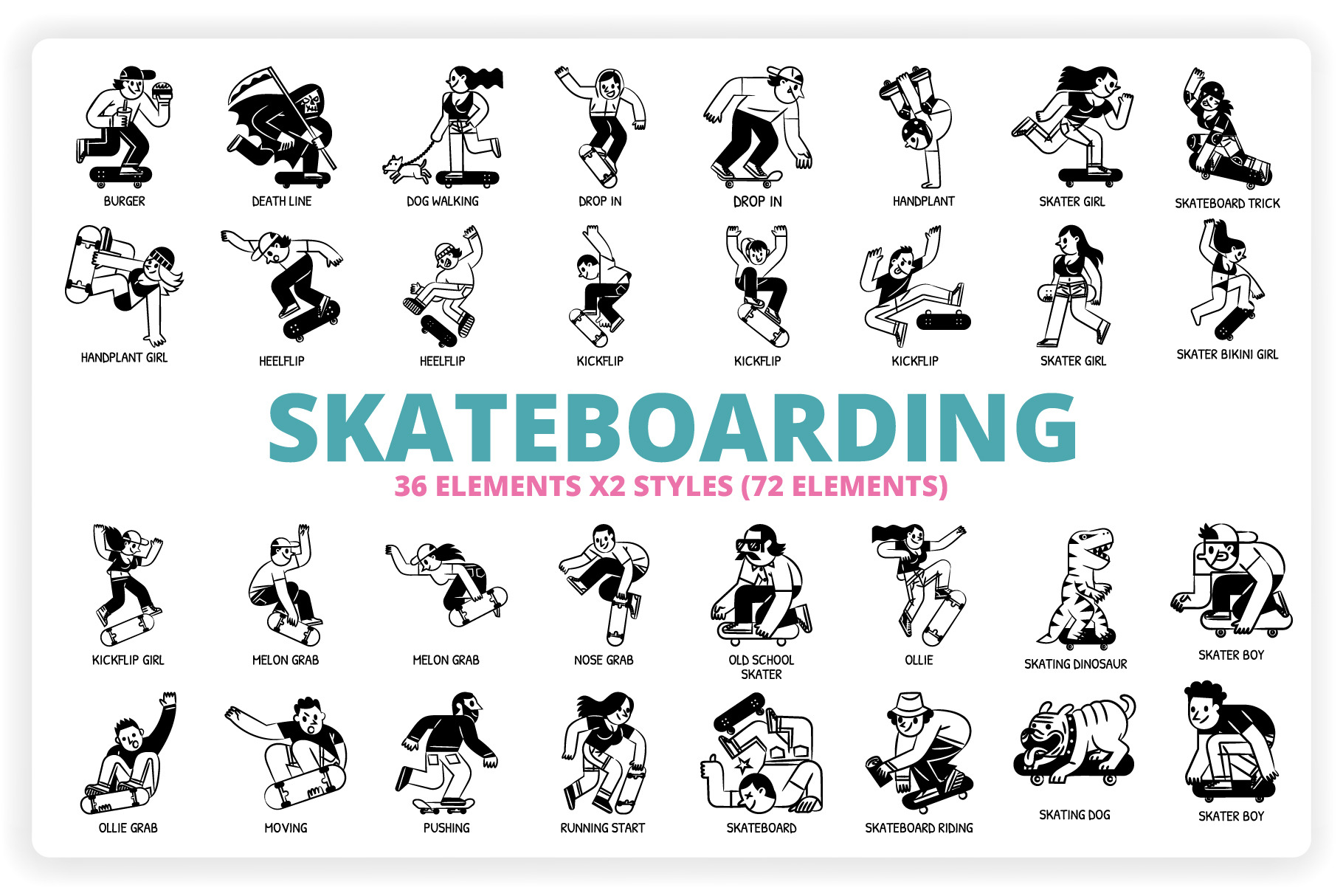 36 Skateboarding Elements x2 Styles, a Graphic by monkik | Creative Market
