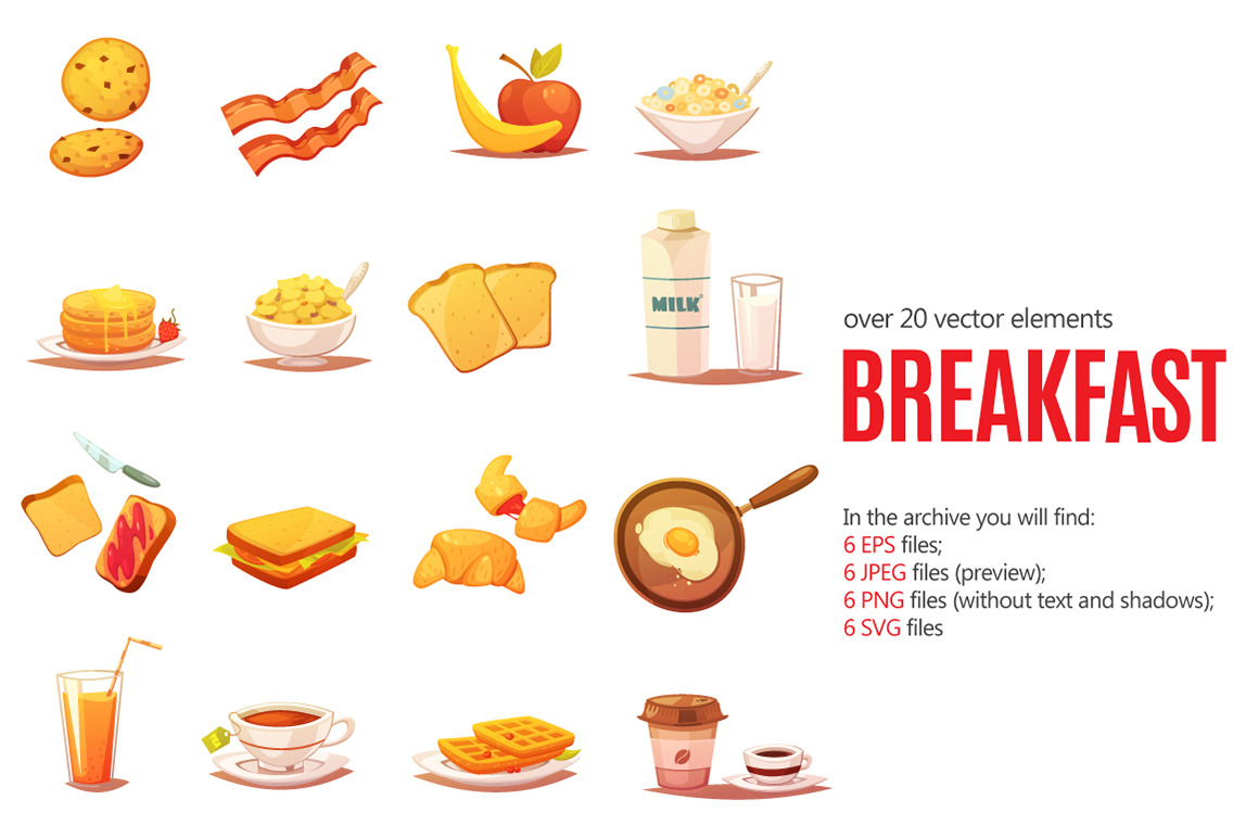 Breakfast Cartoon Set, a Decorative Illustration by Macrovector