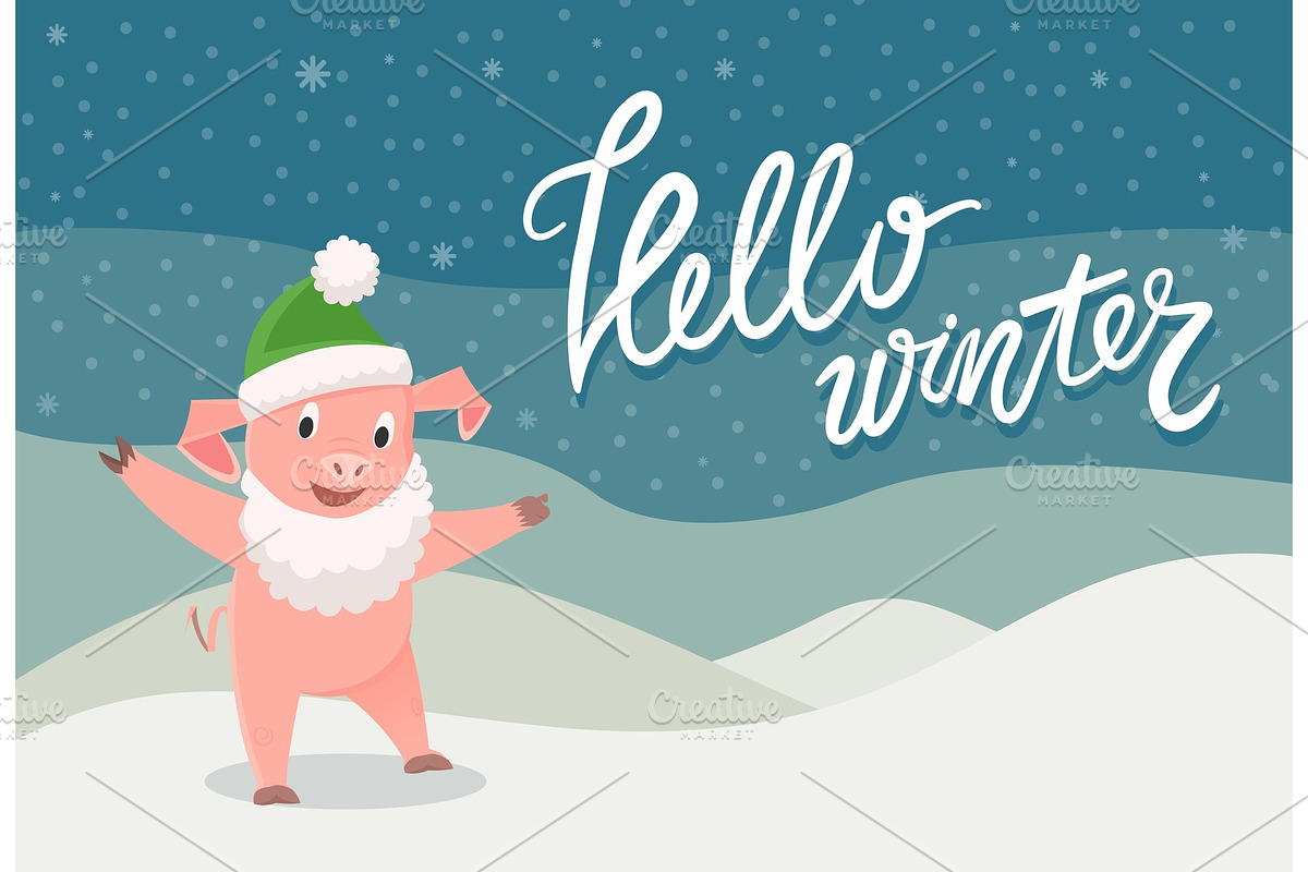 Card Hello Winter with Symbol of, an Animal Illustration by robuart ...