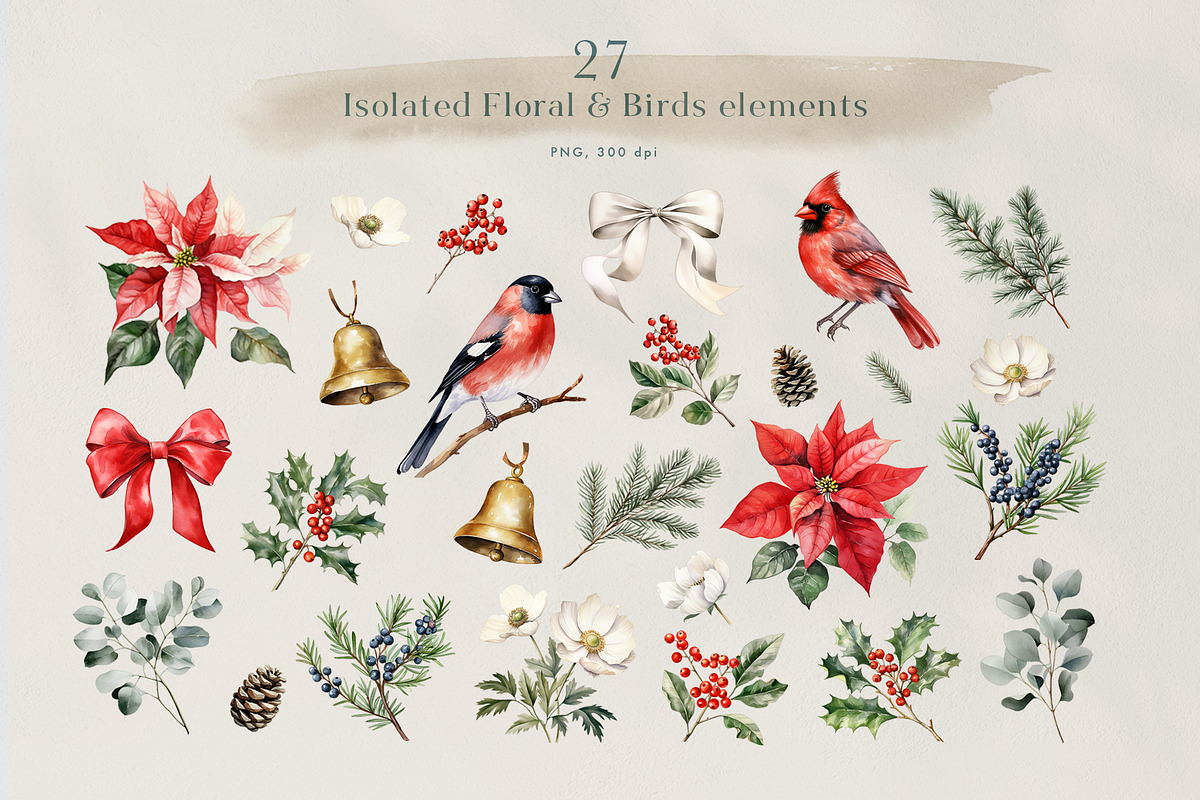 Watercolor Christmas floral set