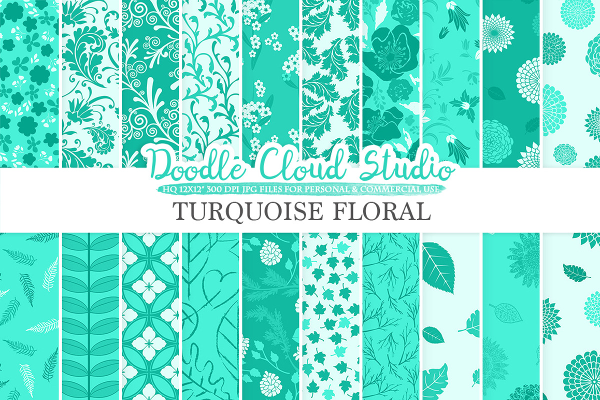Aqua Floral digital paper Turquoise, a Pattern Graphic by Doodle Cloud ...