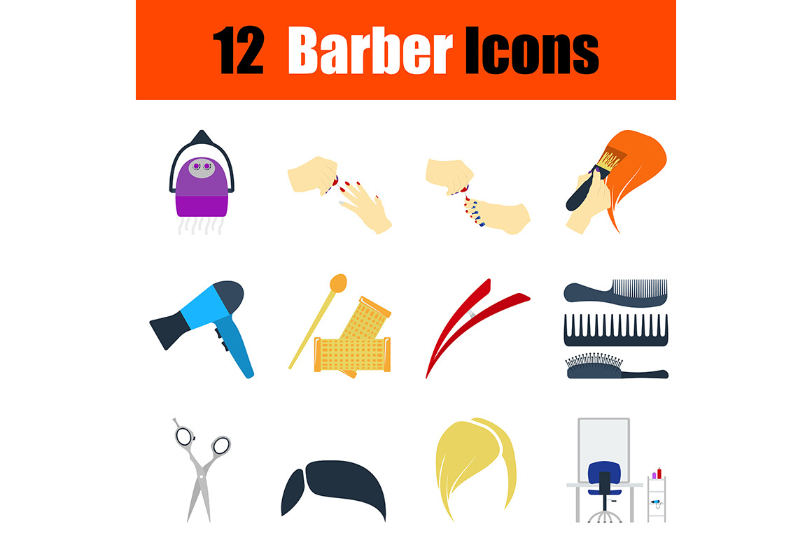 12 barber flat design icons, an Icon by Pavel Vectors