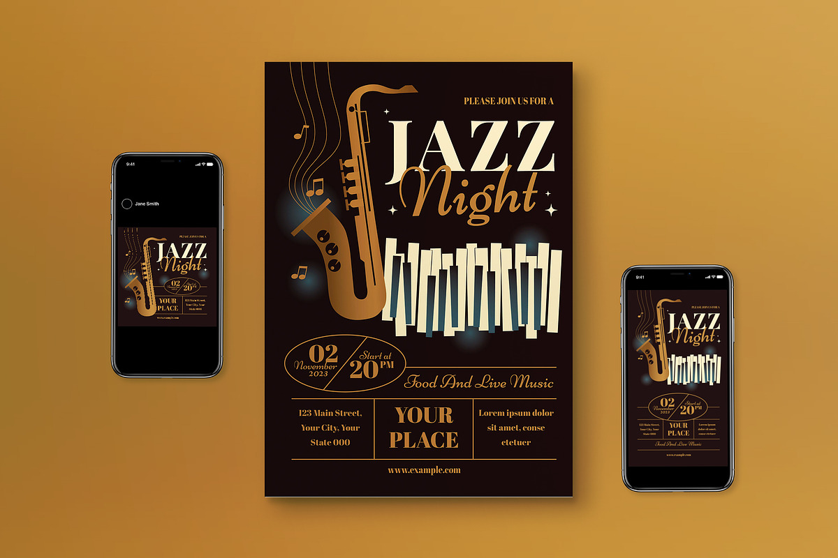 Black Retro Jazz Night Flyer Set, a Flyer Template by graphicook ...