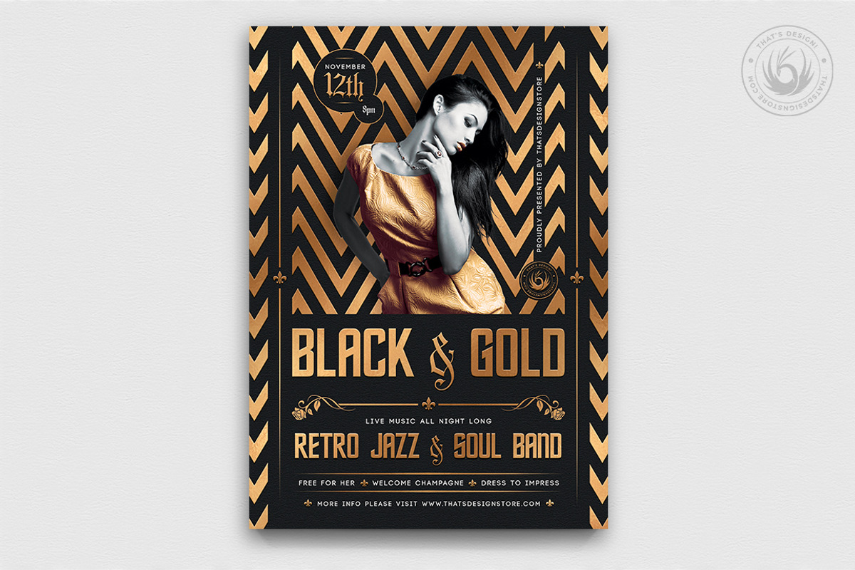 Black and Gold Flyer Template V18, a Flyer Template by ThatsDesign Art