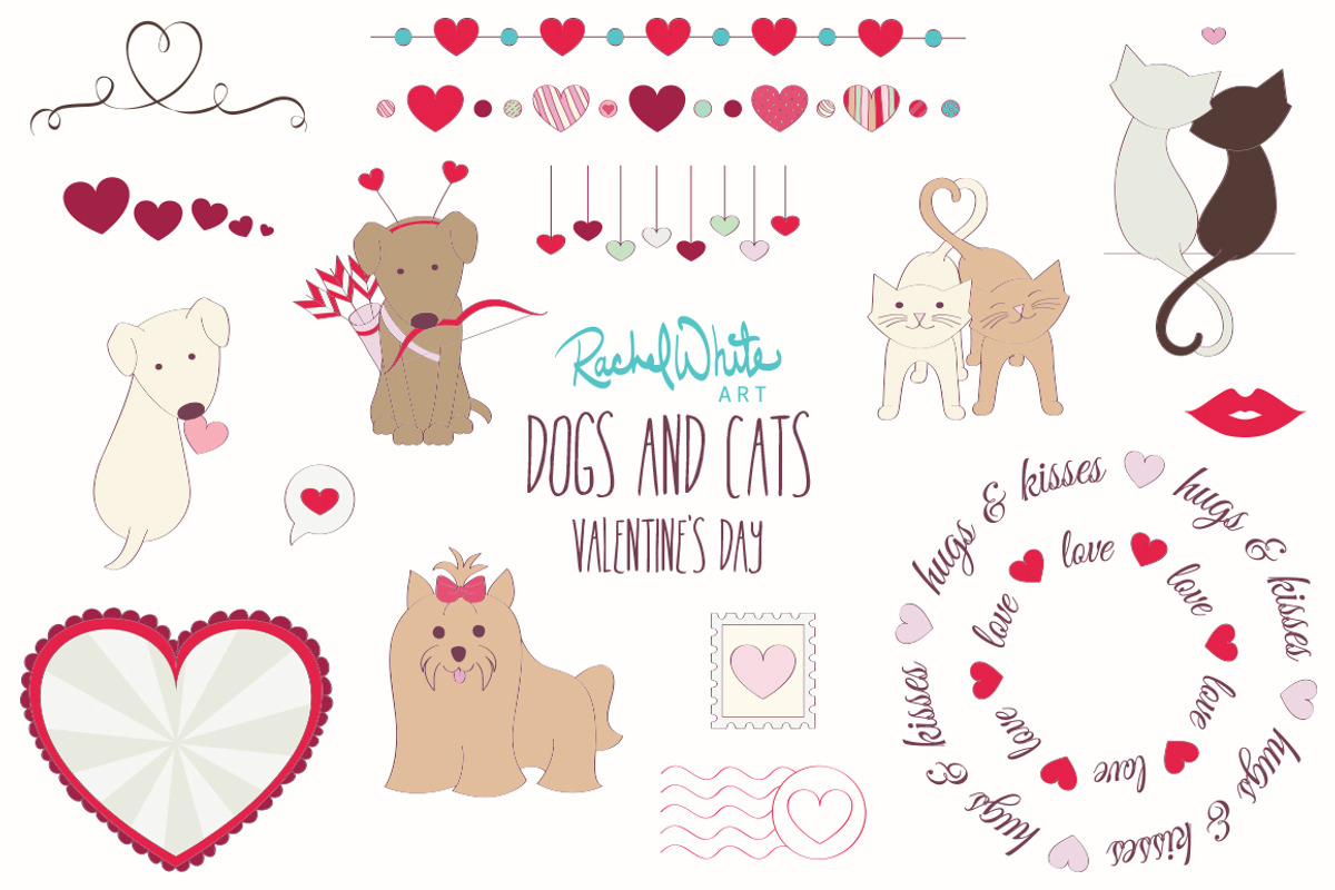 Dogs & Cats, Valentine's Day, Vector, an Illustration by Rachel White Art