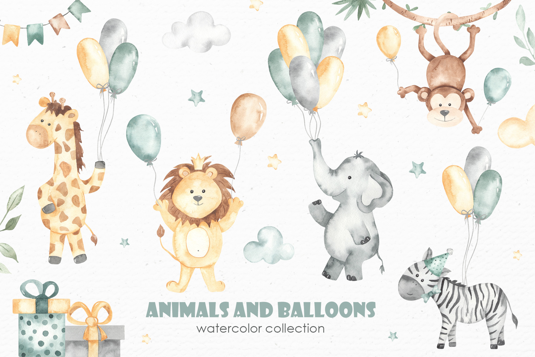 Animals and balloons watercolor, an Animal Illustration by Marina Ermakova