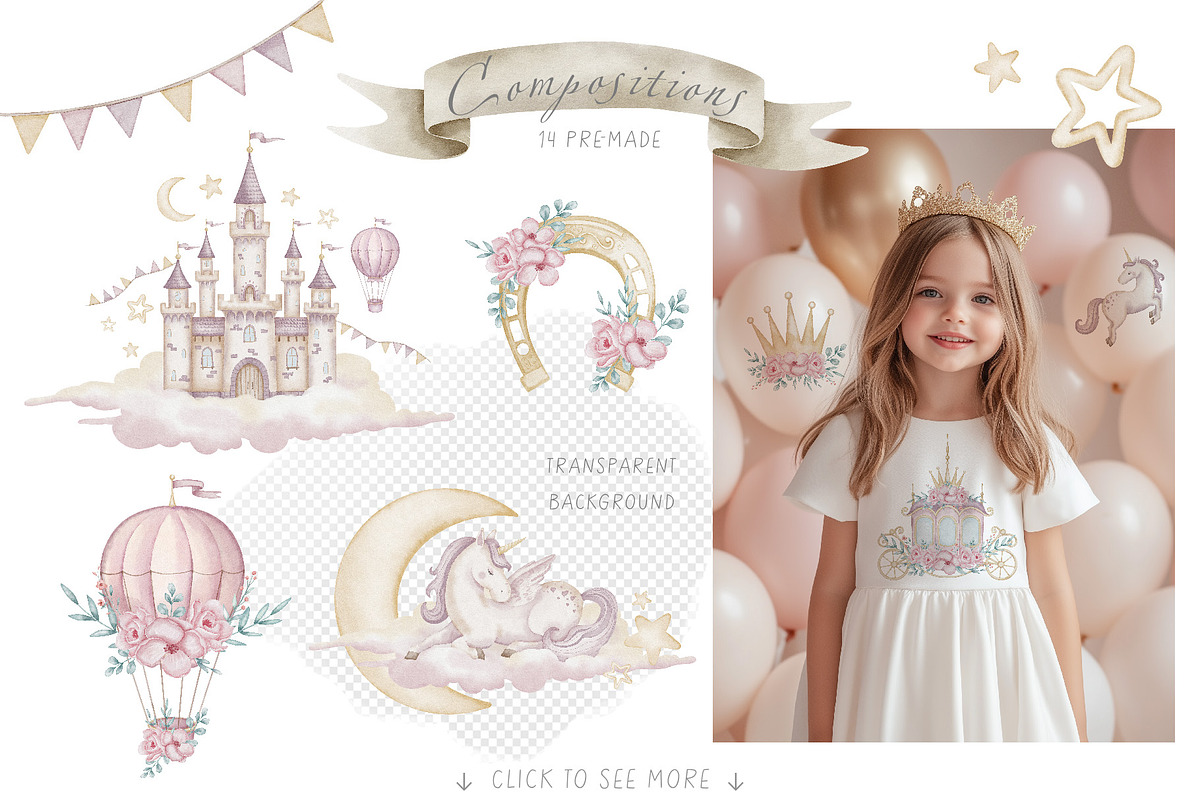 Watercolor Princess Unicorn Clipart
