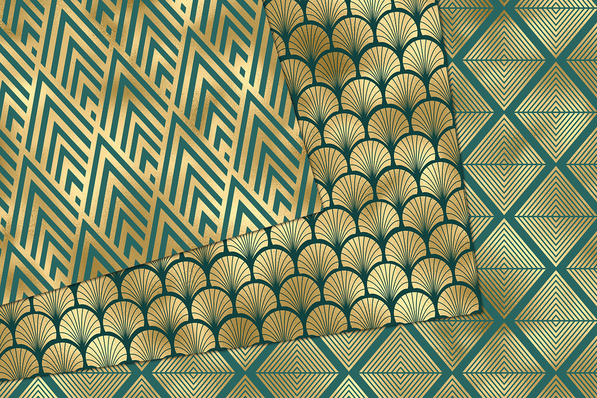 Teal and Gold Art Deco Digital Paper, a Pattern Graphic by Digital Curio
