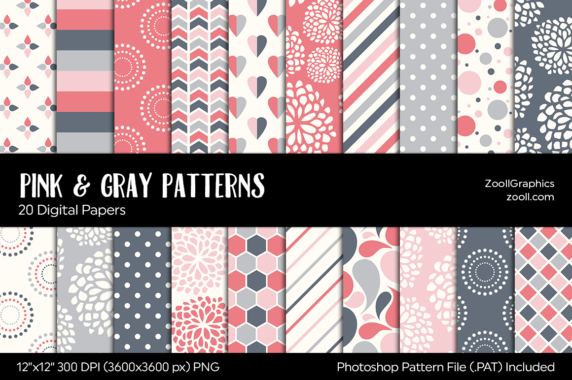 Pink And Gray/Grey Digital Papers, a Pattern Graphic by ZoollGraphics