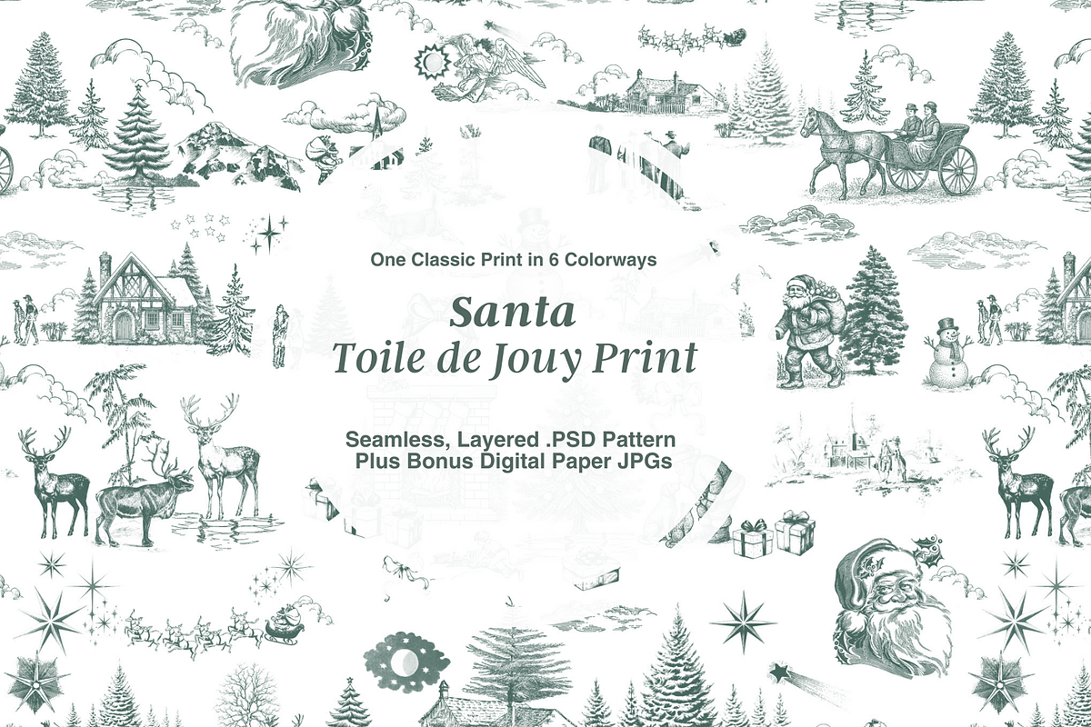 Santa Toile de Jouy Pattern, a Background Graphic by Hughes Studio