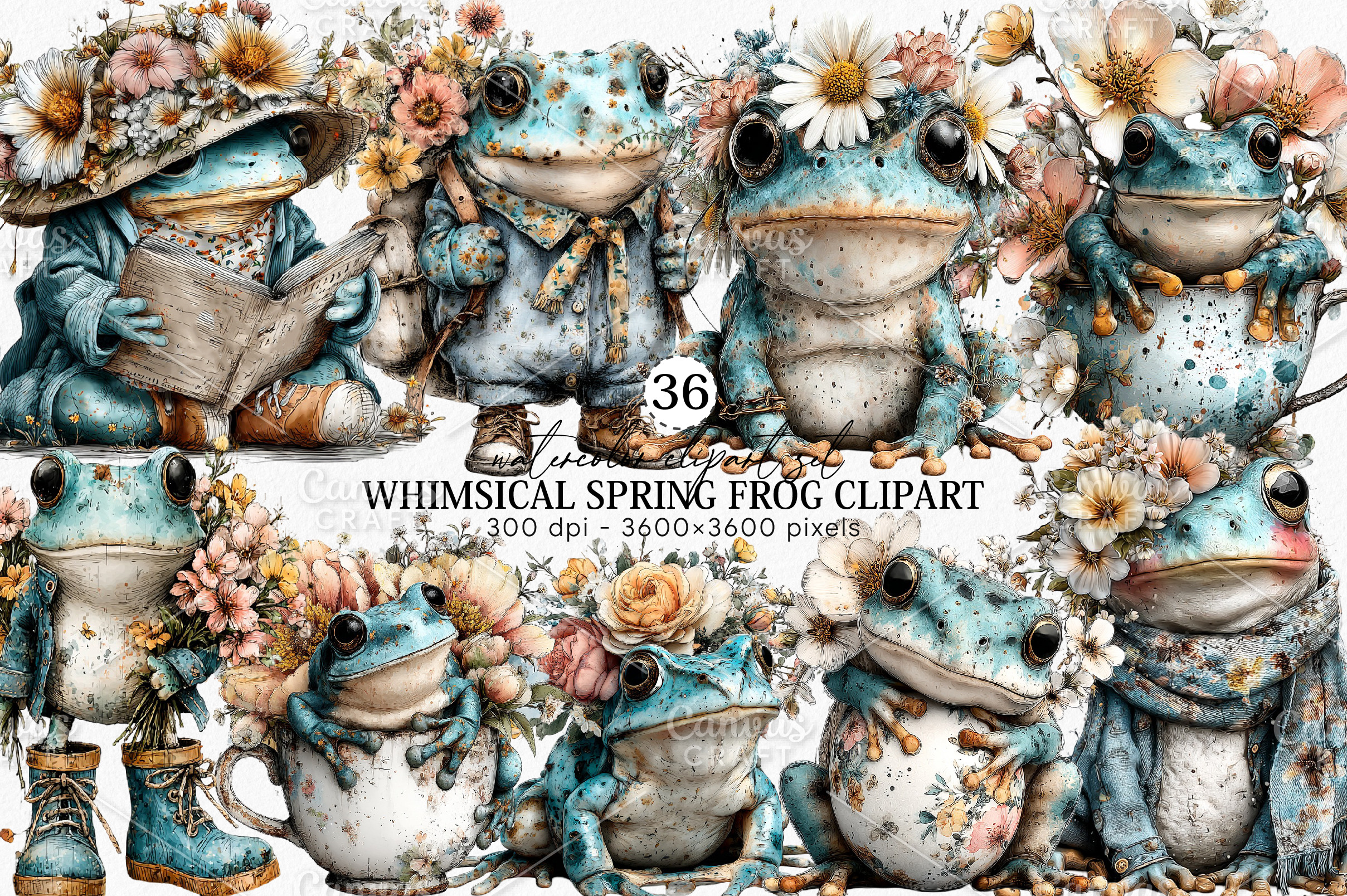 Whimsical Spring Frog Clipart Bundle, an Illustration by Canvas Craft