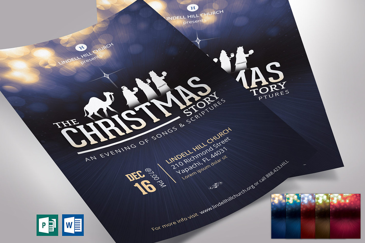 Blue Christmas Story Flyer Word Pub, a Flyer Template by Godserv Designs