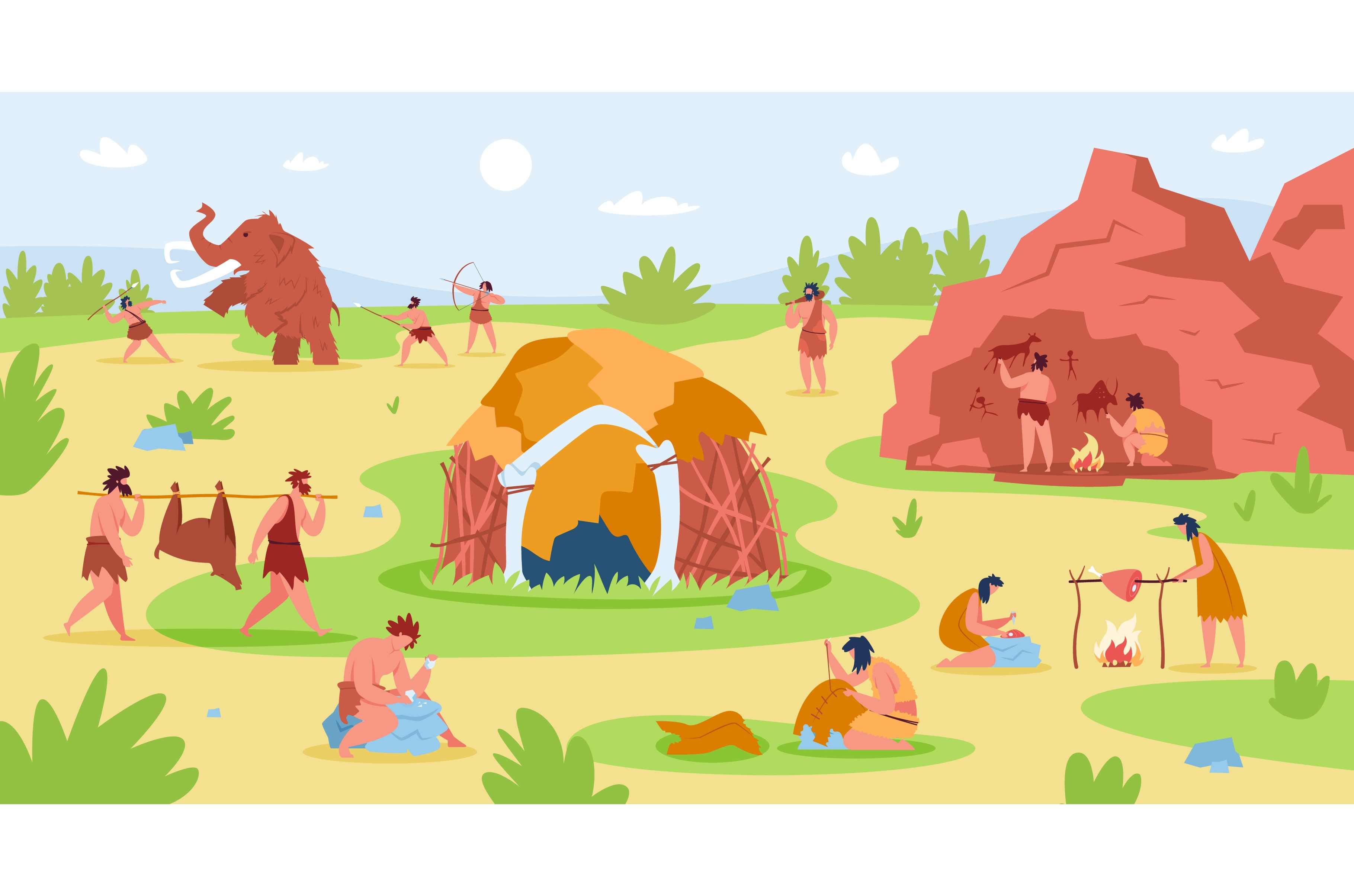 Primitive people life scene, stone | Background Graphics ~ Creative Market