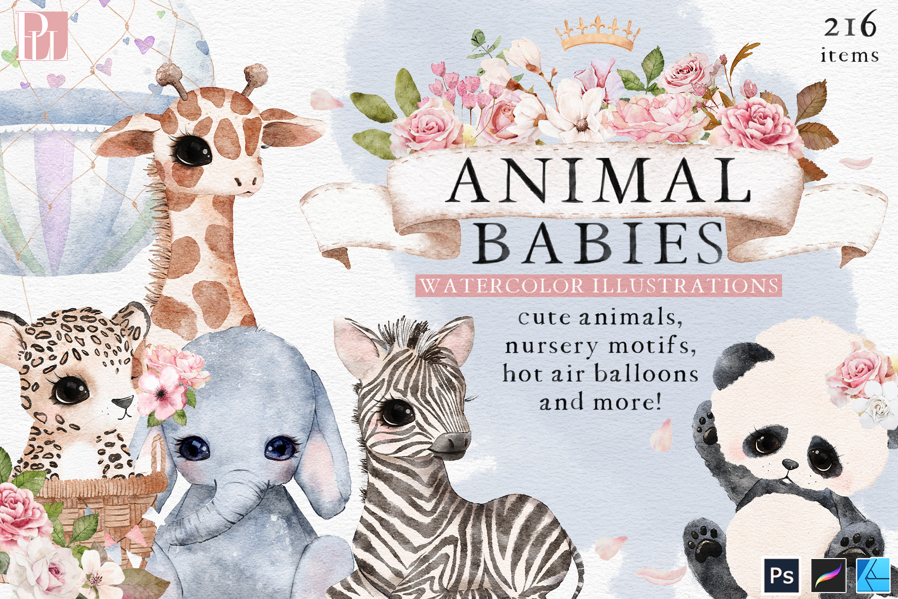Animal Babies Watercolor Clipart, an Animal Illustration by Pretty ...