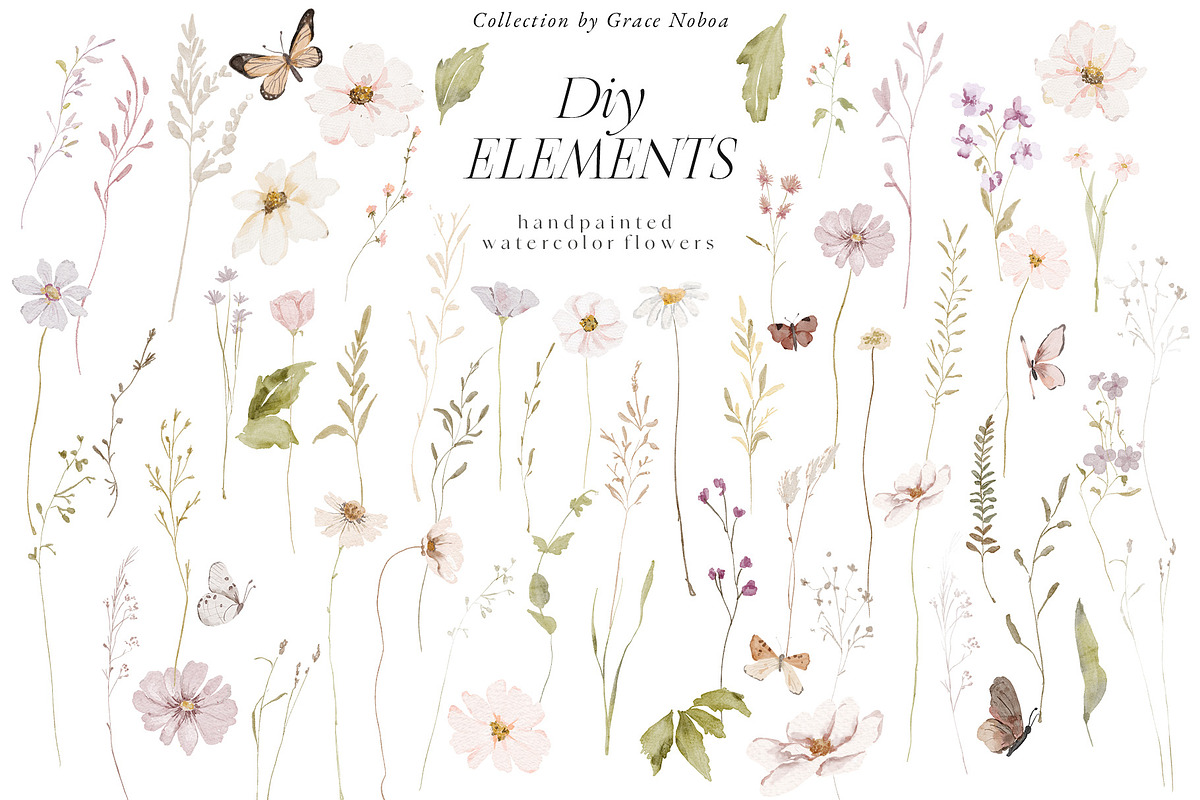Wildflowers Muted tones watercolor set
