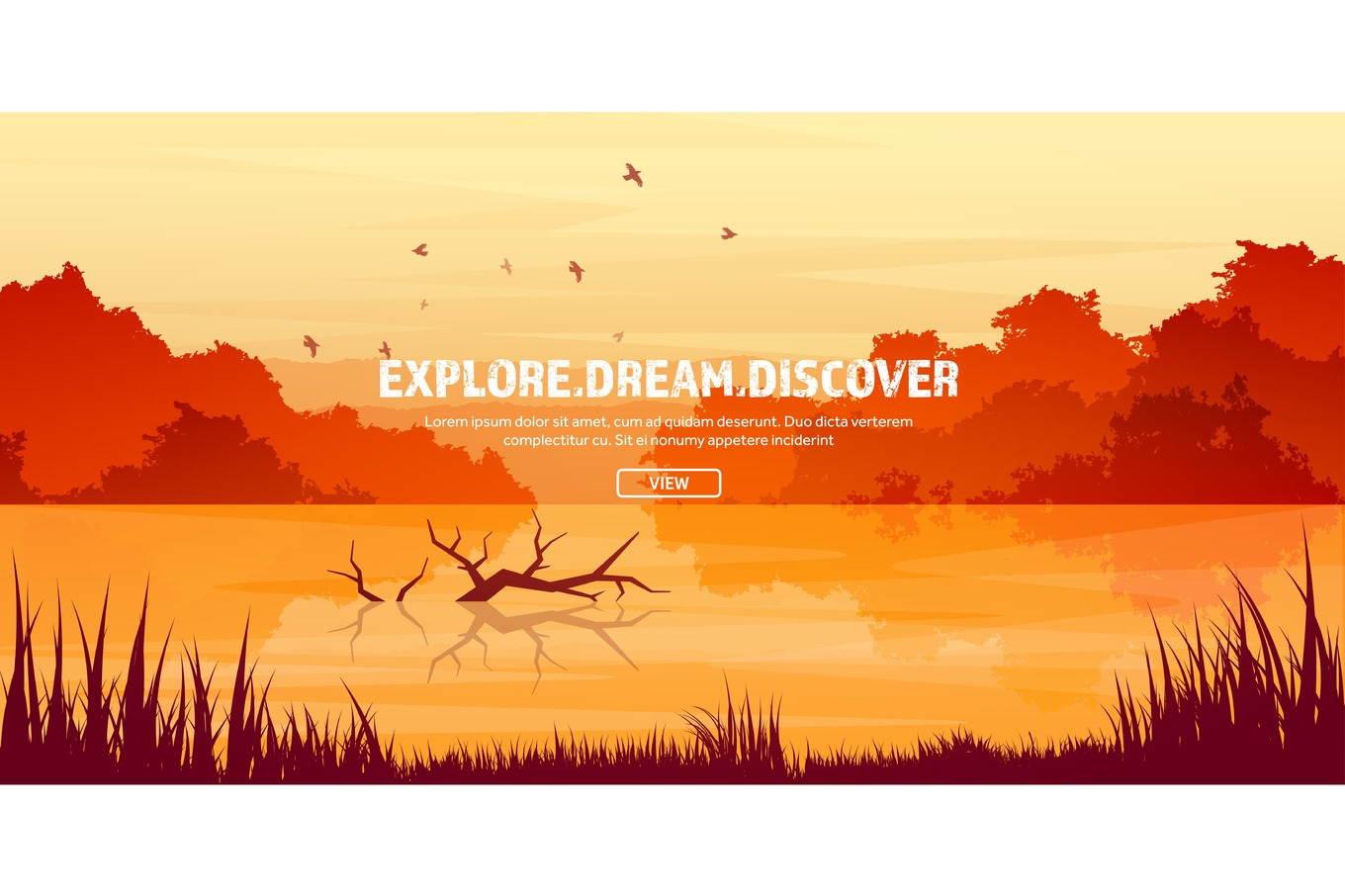 Mountains with forest and lake, river. Trees. Horizon line. Vector ...