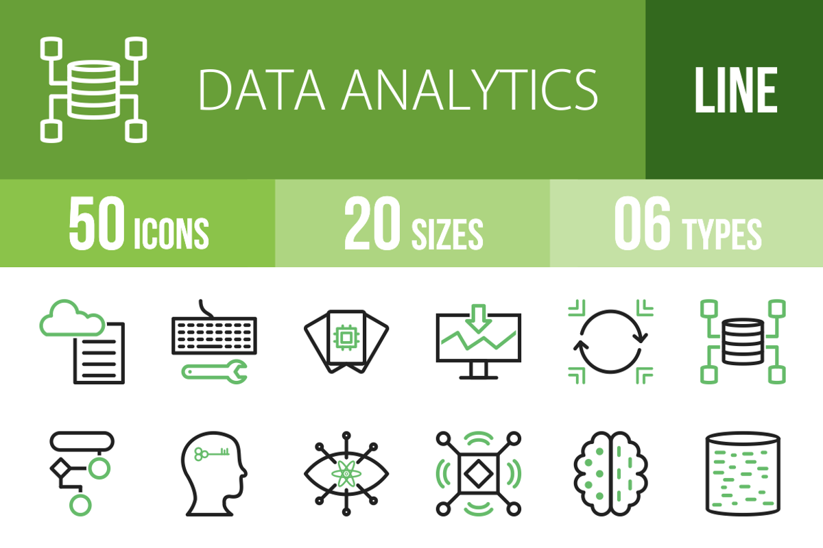 50 Data Analytics Green&Black Icons, an Outline Icon by IconBunny