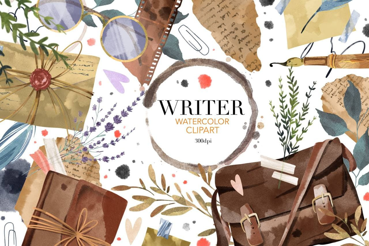 Watercolor Writer Clipart.Typewriter, a Technology Illustration by NKTKNS